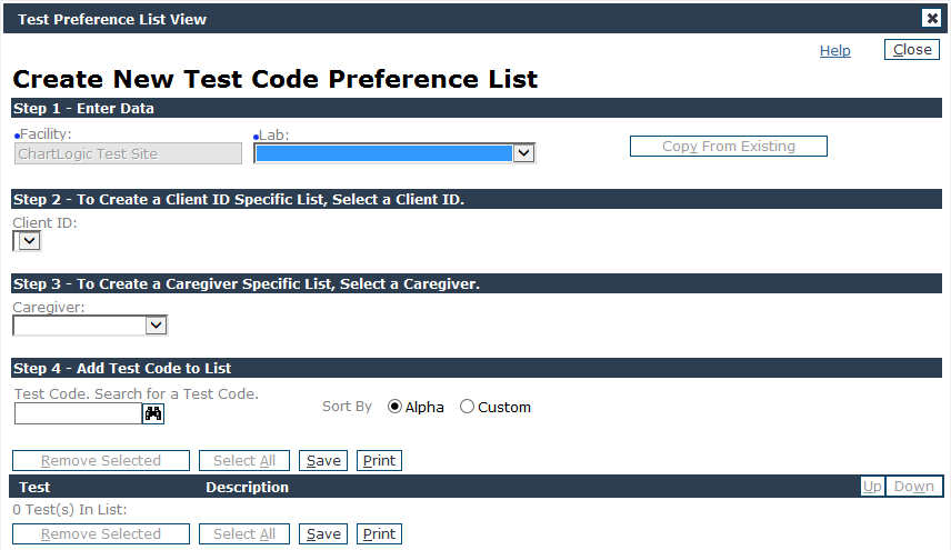 Test Code Preference List | ChartLogic Help Center