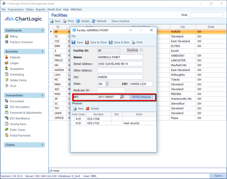 Tables: Facilities | ChartLogic Help Center
