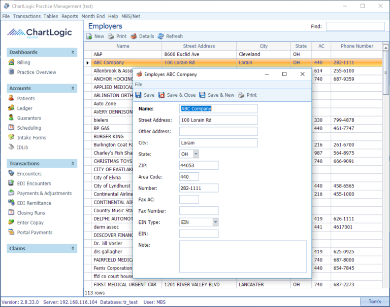 Tables: Employers | ChartLogic Help Center