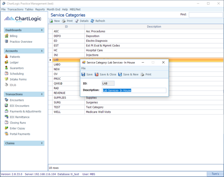 Tables: Service Categories | ChartLogic Help Center